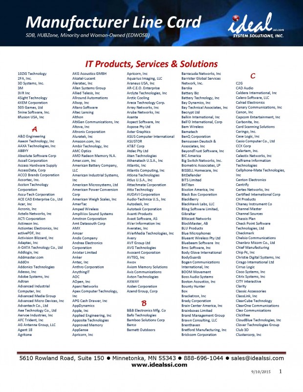 Manufacturer Line Card Ideal System Solutions Inc Ideal System Manufacturer Line Card Ideal System Solutions Inc Ideal System